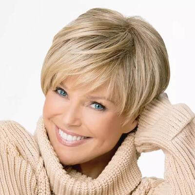 Wig for women with short hair, golden slanted bangs,
