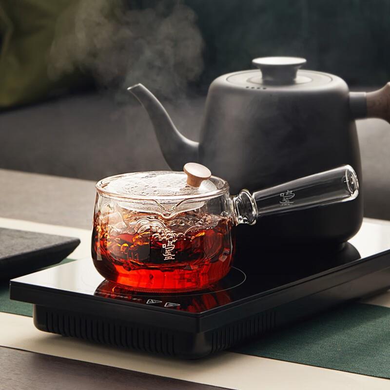 鸣盏高硼硅玻璃侧把壶煮茶壶泡茶烧水壶煮茶器耐热茶具围炉煮茶壶