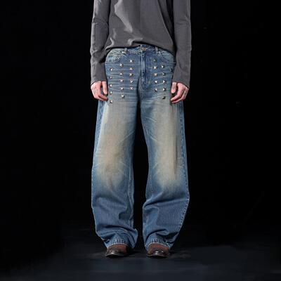 no E mosen(noE）蓝色做旧猫须水洗baggy方钉装饰宽松直筒牛仔裤
