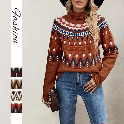 Women's striped spliced sweater high neck knitted