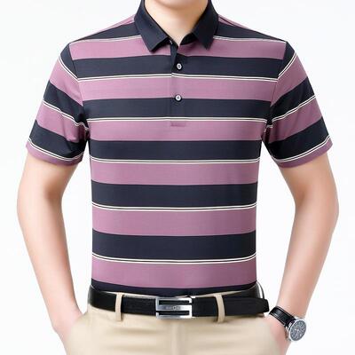 桑蚕短袖恤男士丝中商老8833-P年休闲条纹冰丝爸务爸装衫上衣
