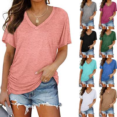 2026 Womens Sleeve V Neck Dolman Tops Side Shirring Casual