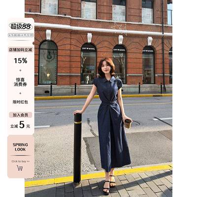 蕾英俊【牛仔私服】韩系休闲翻领无袖系带洋装夏简约通勤衬衫裙