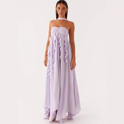 Womens Y2k Tube Strapless Pleated Maxi Dress with Scarf Silk