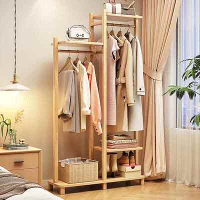 实木物衣帽卧架落地衣架卧室全简约衣服挂衣架实木VSP室双层收纳
