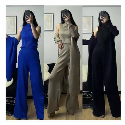 Trendy Knit Turtle Neck Tank Wide Leg Trousers with