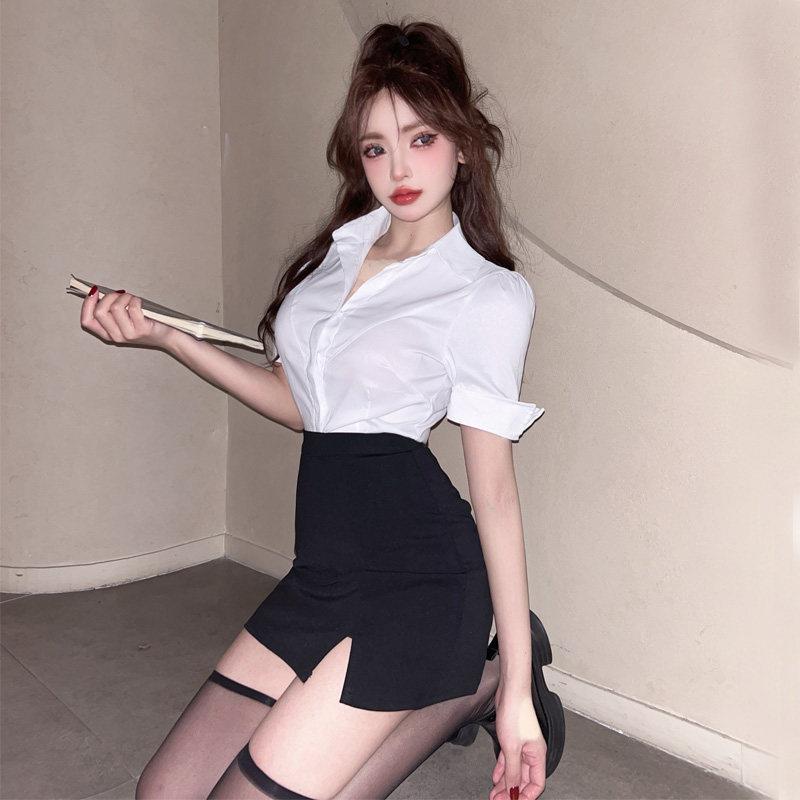酒店制服套装前台足浴技师工作服性感收腰白衬衫包臀短裙两件套女