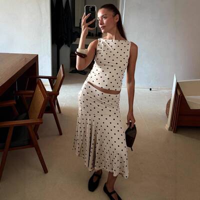 French sweet Retro Contrast Polka Dot Two-Piece SetElegant