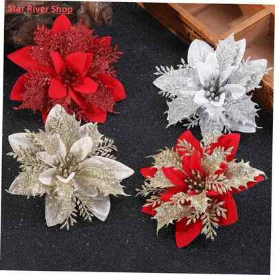 5pcs 14cm Glitter Artificial Christmas Flowers Xmas Tree Orn