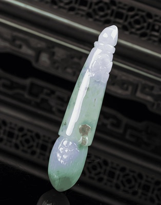 缅甸天然真品翡翠冰春彩紫罗兰飘绿特色好种高档玉毛笔吊坠21.82g