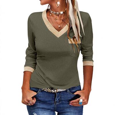 womens simple style long sleeve t shirts casual v neck color