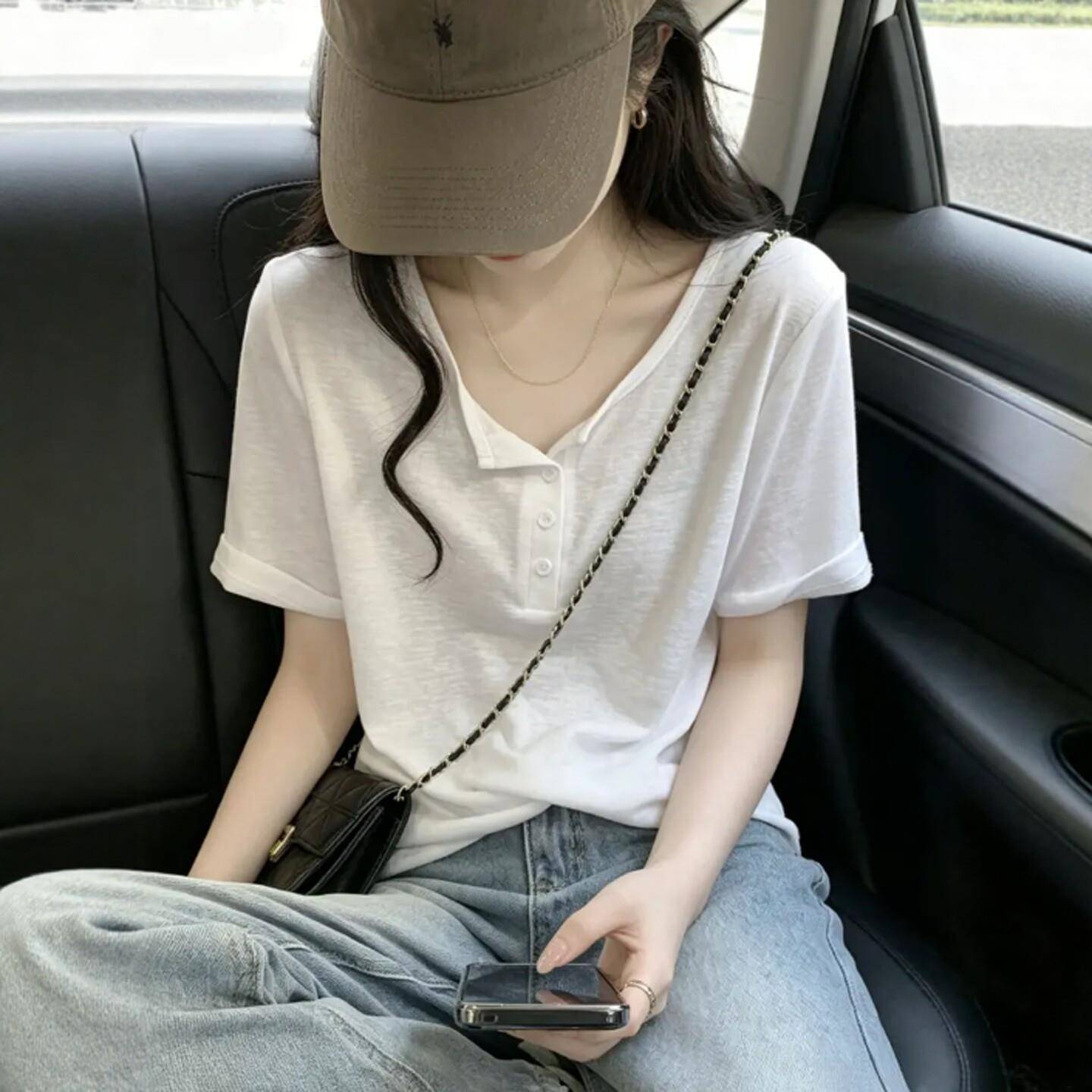白色慵懒风宽松短袖T恤女夏2026新款大尺码胖MM正肩设计感休闲上