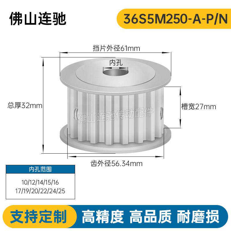 S5M36齿 两面平同步轮 槽宽27 AF型 同步皮带轮齿轮铝36S5M250-A