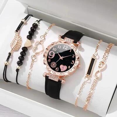 6PCS Set Watch For Women Leather Analog Ladies Quartz Wrist
