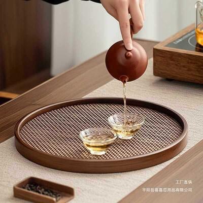盘奢托盘胡桃竹木轻质商用点心收纳DDZ木餐木质托盘圆形竹子圆盘