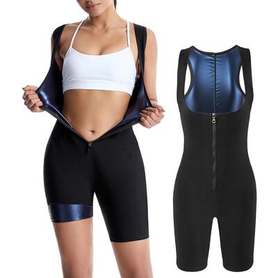 Women Coated Athletic Zipper Sweat Sauna Jumpsuit One Tummy