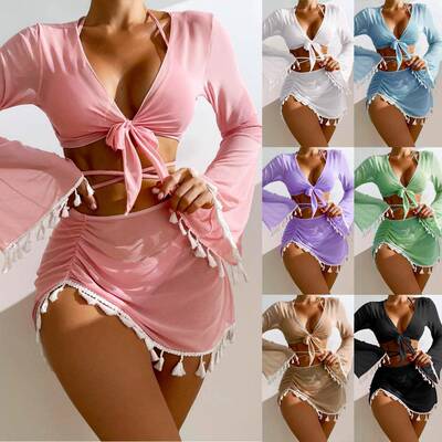 New Women's Modest Slimming 4-Piece Bikini Set Solid Color