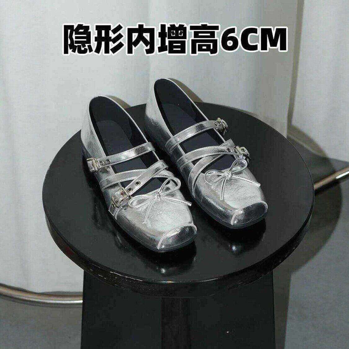 港风轻奢新款~银色芭蕾舞单鞋女春6cm内增高法式方头浅口玛丽珍鞋