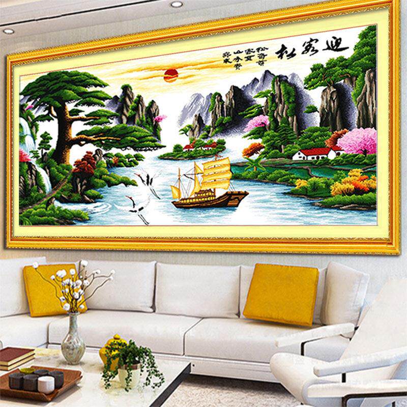 2025年新款线 线绣机绣十字绣成品迎客松客厅山水画 画棉布已绣好