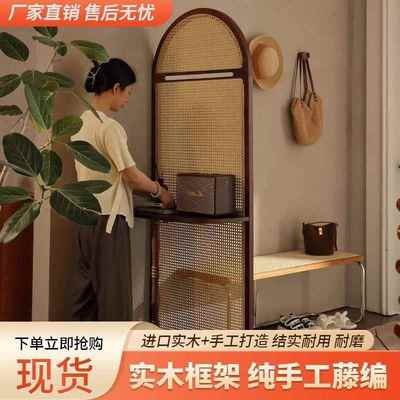 古实木藤编屏风隔KRU断客厅入复玄户门遮挡进关柜现代简约置物架