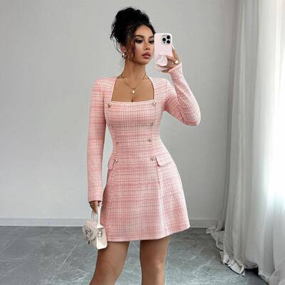 Women Plaid Sleeve Slim Sweater Dress Comfortable Knitted