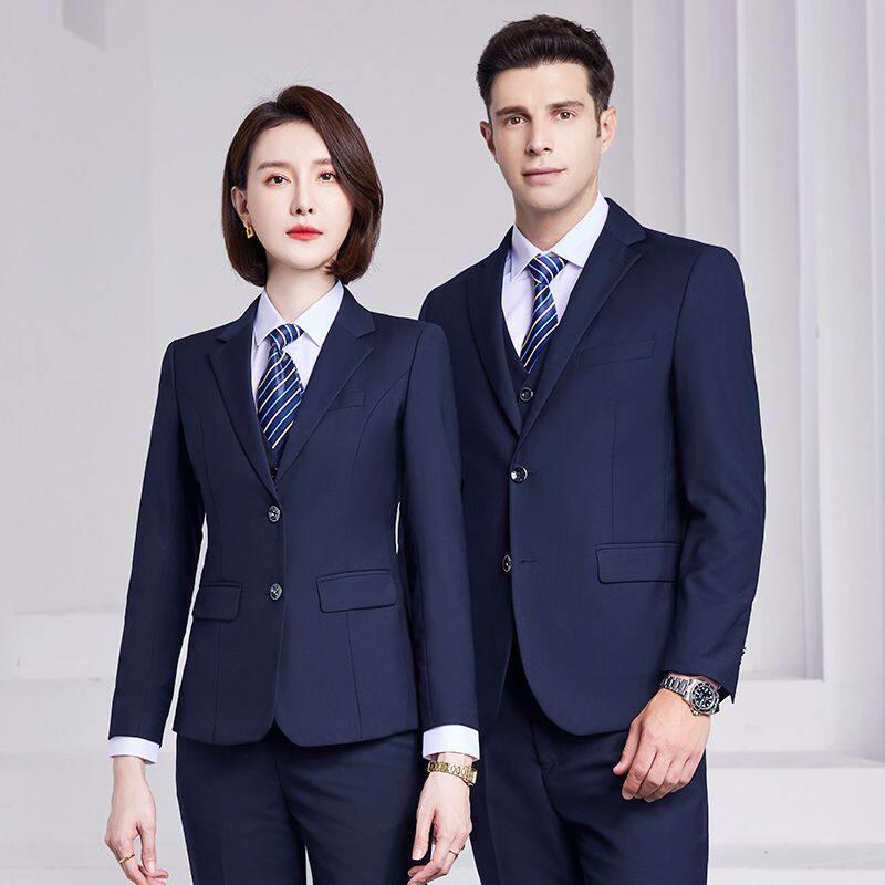 藏青西服套装男女同款商务正装职业工作服4S店售楼部西装马甲工装