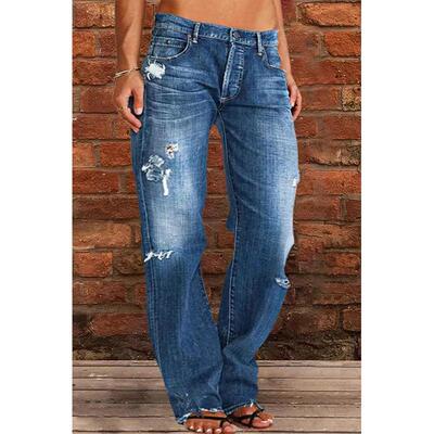 Women's Ripped Jeans Mid Rise Straight Leg Denim Jean Plus