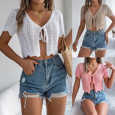 Summer Knit Cardigan with Bow Tie Knot Hollow Out Short