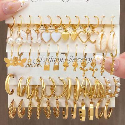 Women Trendy Jewerly Gold Pearl Hoop Earrings Set