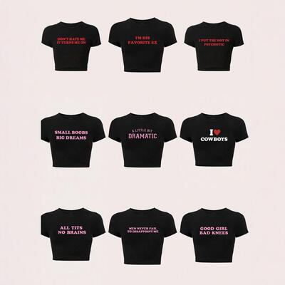 Women Letter Print Round Neck Fitted Crop Tee Y2k Aesthetic