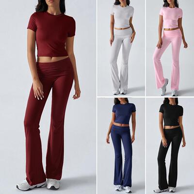 Women'S 2 Piece Lounge Sets Fold-Over Flare Pants Set Shorts