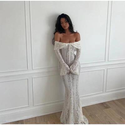 Womens Plain Contrast Lace Off Shoulder Dress Elegant Long