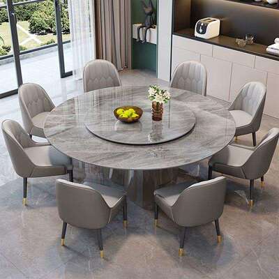 意式店圆桌加厚岩板餐桌椅MGV组合家简用现代约户型圆形转盘饭酒