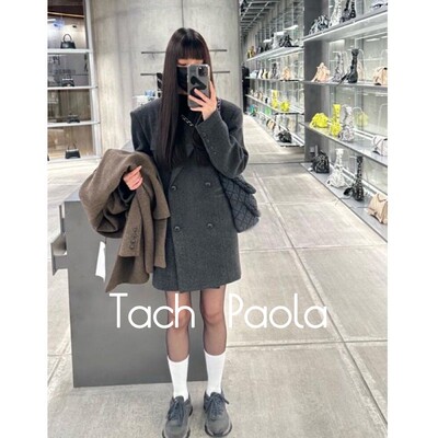 Tach Paola法式慵懒风短款灰色呢大衣高级设计感秋冬西装毛呢外套