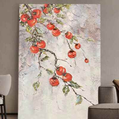 网红纯手绘画事事如意新式柿子中装油饰客画壁玄关肌理画厅挂画