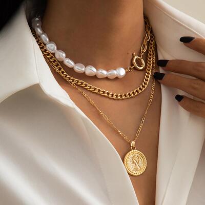 Goth Baroque Pearl Coin Portrait Pendant Necklace for Women