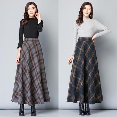 Women Waist Blend Plaid Line Maxi Skirt Pocket Bottoms