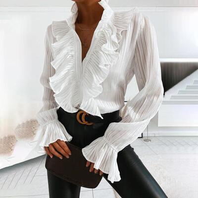 Women's single ruffled flared sleeve pleated long sleeved