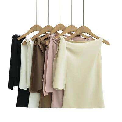 Slant shoulder strap T-shirt, women's shoulder mid sleeve,