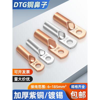 DTG铜鼻子管压鼻国标接线端子紫铜线鼻管16/25/35/50/70线耳接头