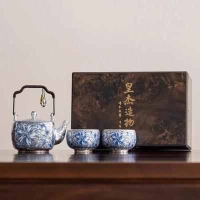 2025年新款鎏银青花缠枝莲提梁壶茶杯高档功夫茶具套组泡茶壶陶瓷