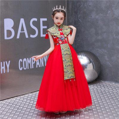 正品高档女童儿童拖尾婚纱晚礼款黑色服长秋模特T台走秀袖表演出