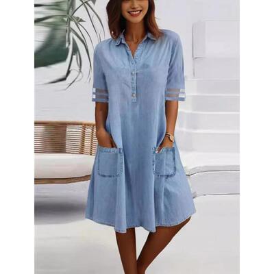 womens denim dress shortsleeve henley neck casual denim