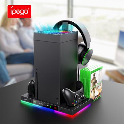 XboxSeriesX主机智能温控底座+置顶散热风扇带RGB灯碟片收纳架