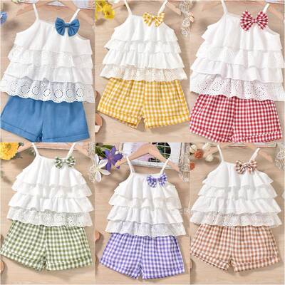 Girls' Cute Ruffle Lace Bow Tank Top & Shorts Two-Piece Set