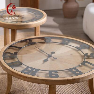 中古风客厅创意时钟茶几户钢玻璃日式小桌圆桌A2804化小型家用实