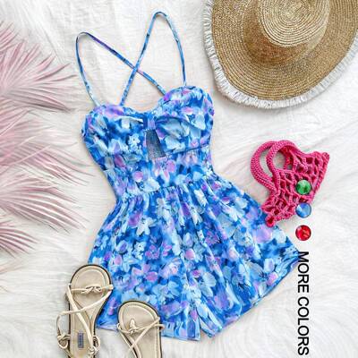 Floral print cutout crossstrap jumpsuit Romper near the