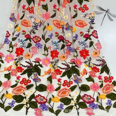 立体花新品多色绣花网纱刺绣面料双色多色刺绣面料彩色花边面料