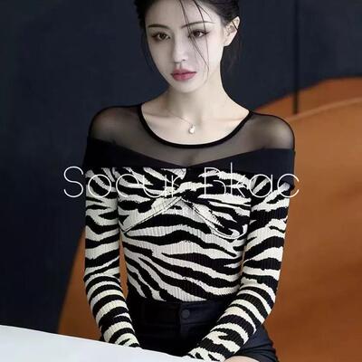 法国SOEUR BKAC春季法式网纱拼接斑马纹长袖t恤女修身显瘦打底衫