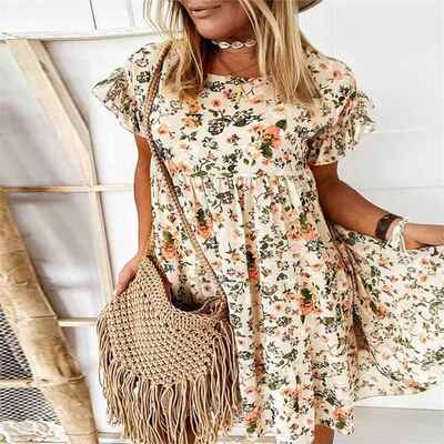 Women's Floral Print Ruffle Smock Dress Casual Fashion